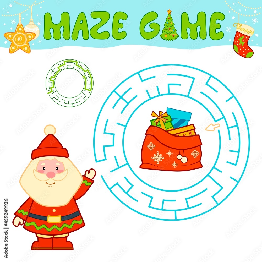 Christmas maze puzzle game for children. Circle maze or labyrinth game ...