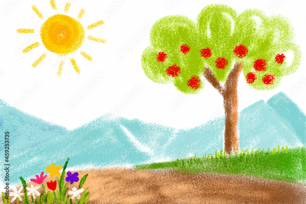 Crayon kid hand drawn landscape view with sun, mountain, meadow ...