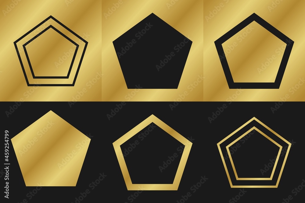 pentagon shapes in three styles, fill, line art and monoline. Set of ...