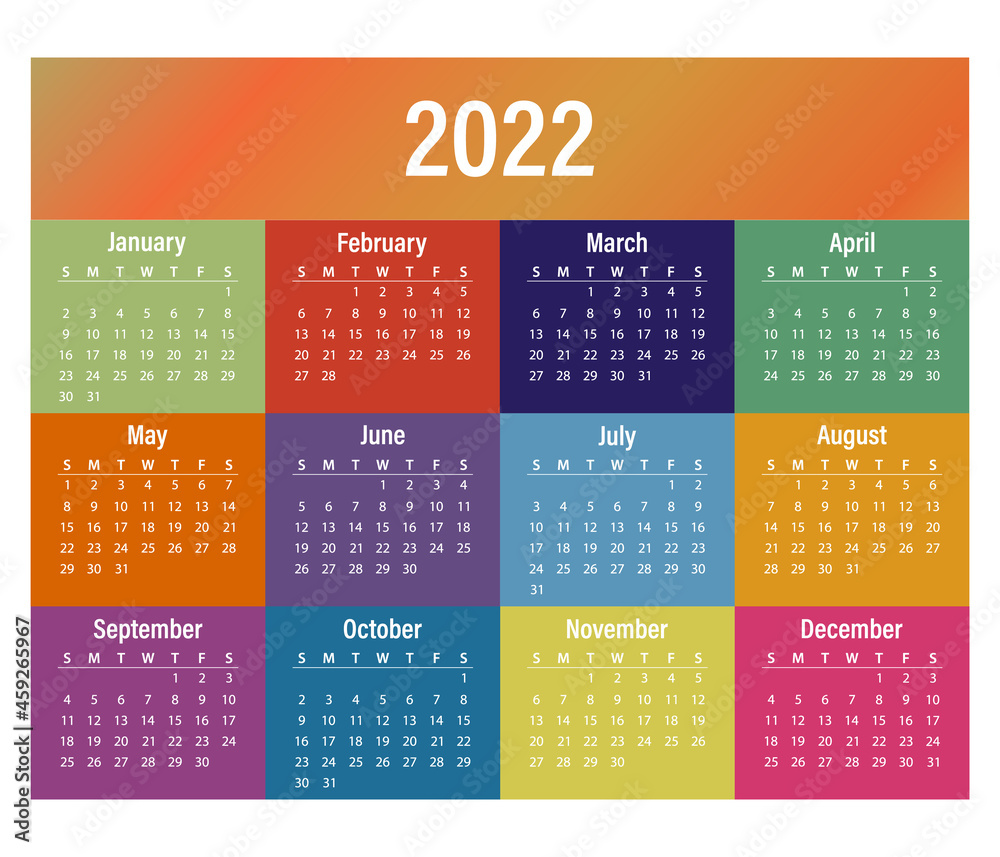 Calendar for 2022-illustration. Layout. The week starts with a Sunday ...