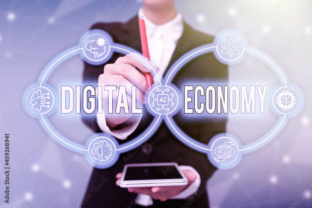 Text showing inspiration Digital Economy. Business approach economic ...