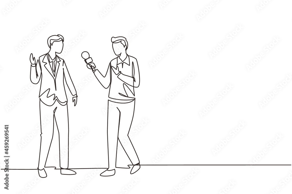 Continuous one line drawing male journalist with microphone making ...