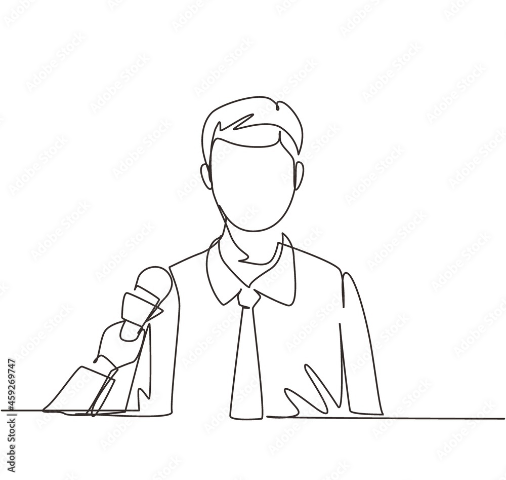 Single continuous line drawing businessman giving an interview in the ...