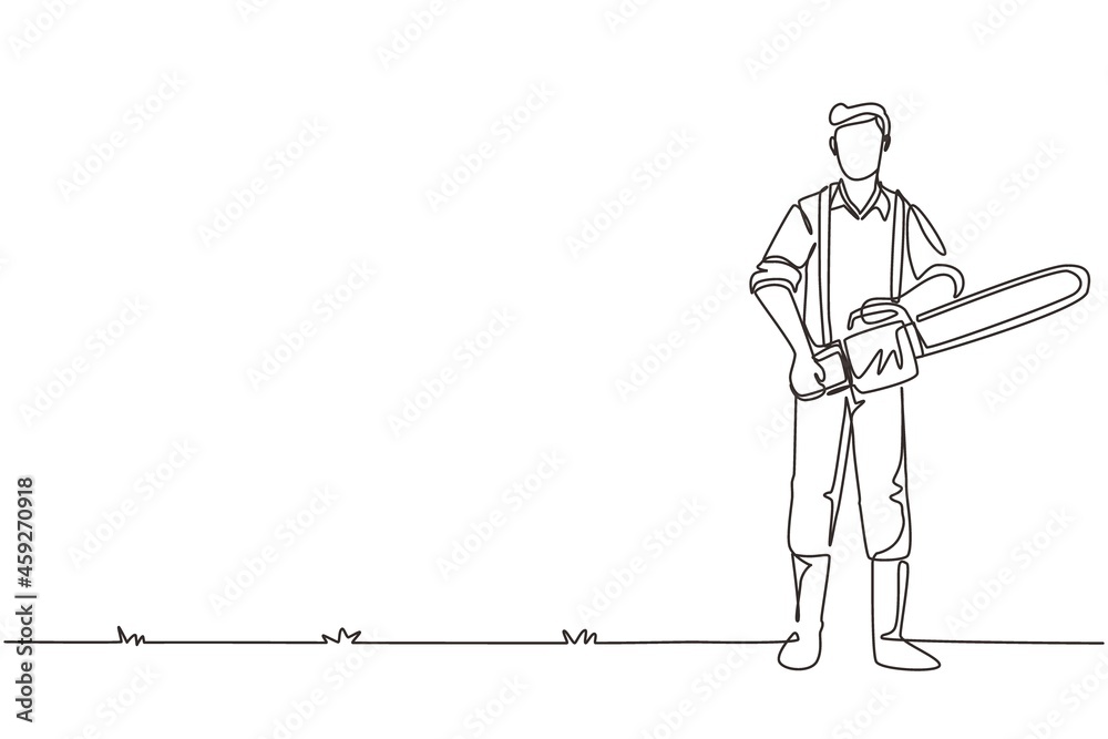 Single continuous line drawing lumberjack with workwear and chainsaw ...