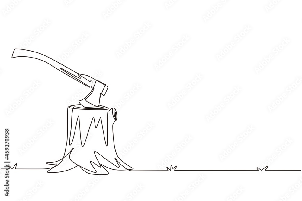 Single continuous line drawing Hatchet in a tree stump. A tree stump ...