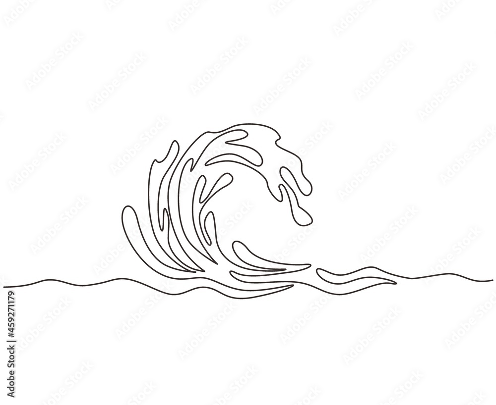 Continuous one line drawing water splashes wave twirl isolated surge ...