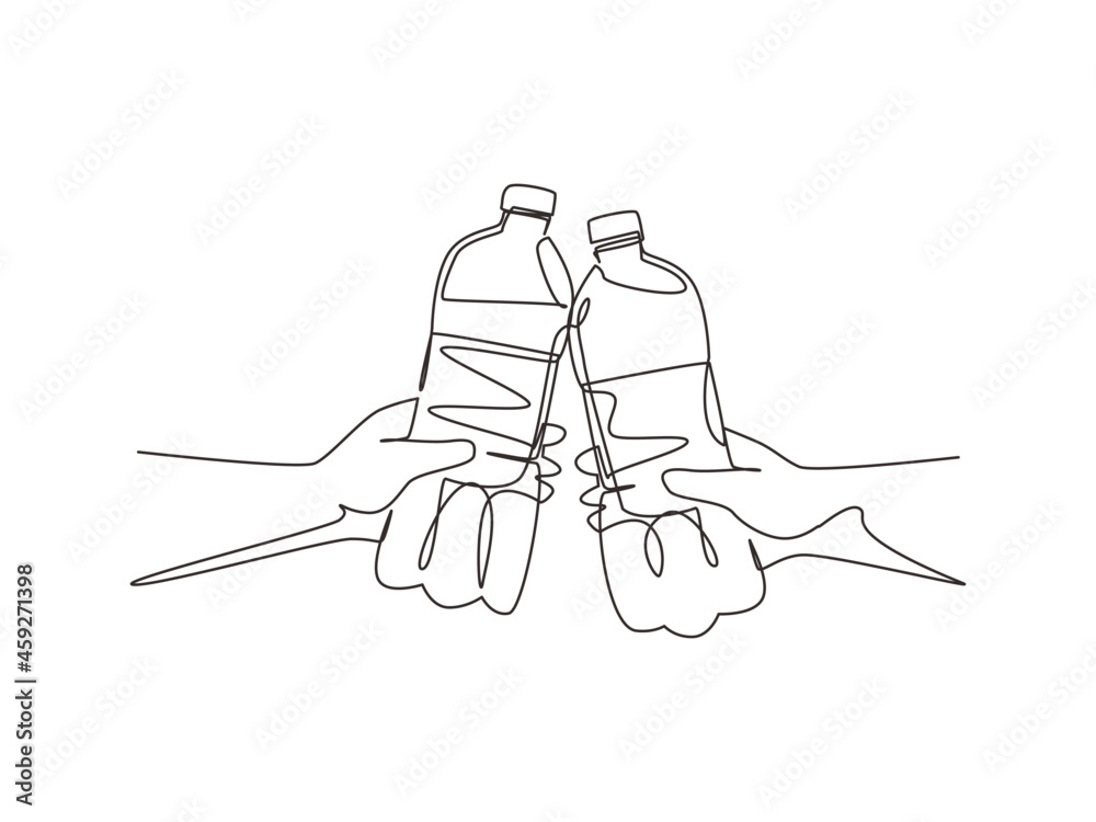 Continuous one line drawing Cheers. Healthy couple cheering with fresh ...