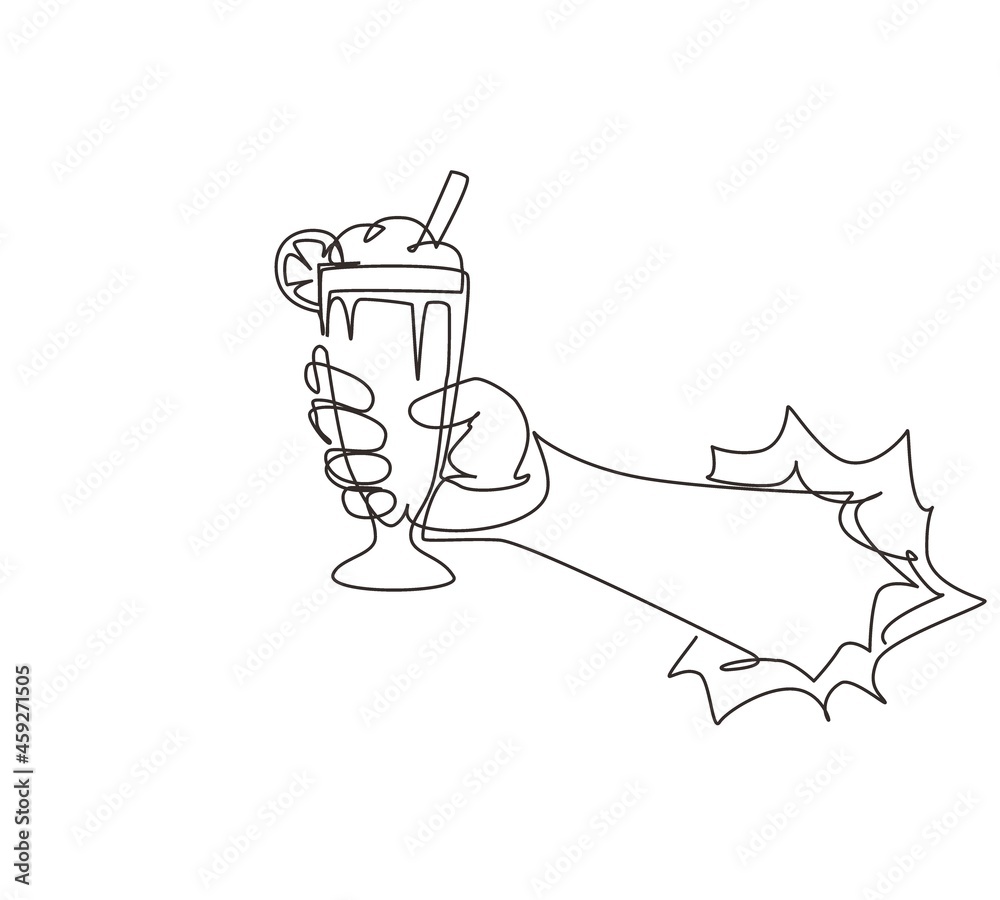 Single one line drawing hand holds glass milkshake with whipped cream ...