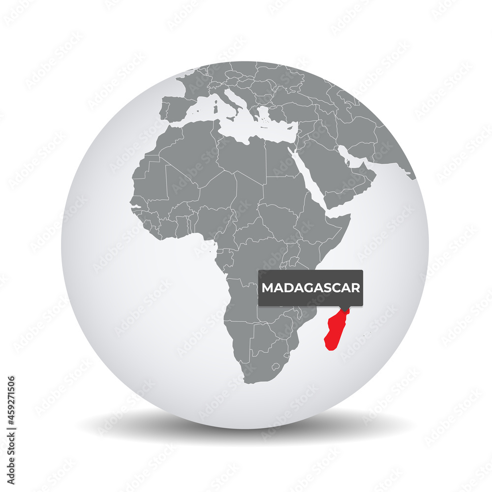 World globe map with the identication of Madagascar. Map of Madagascar. Madagascar on grey ...