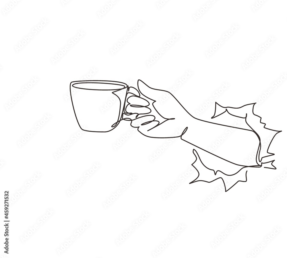 Single continuous line drawing right man's hand hold white cup with ...