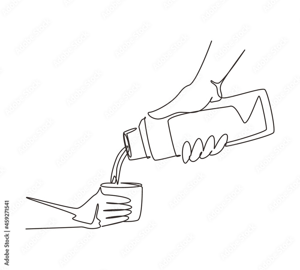 Single continuous line drawing traveler girl pouring tea in thermos cup ...