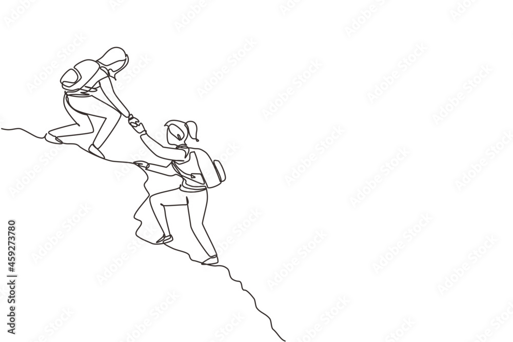 Continuous one line drawing two people woman success on peak of ...