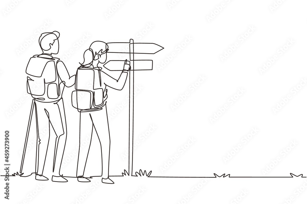 Continuous one line drawing direction pointer, hikers couple, man and ...