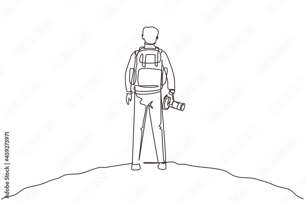 Single continuous line drawing back view man holding camera standing on ...