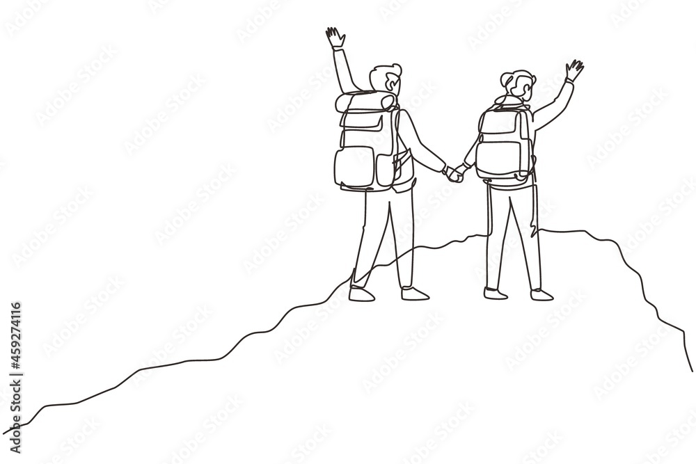 Single continuous line drawing romantic couple climbing up cliff or ...