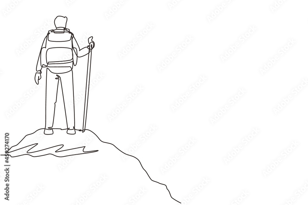 Continuous one line drawing hiker with backpack on top of mountain ...