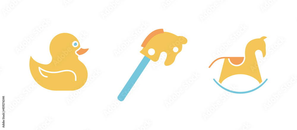 Duck, rocking horse and club horse toy icon set. Fun and game icon ...
