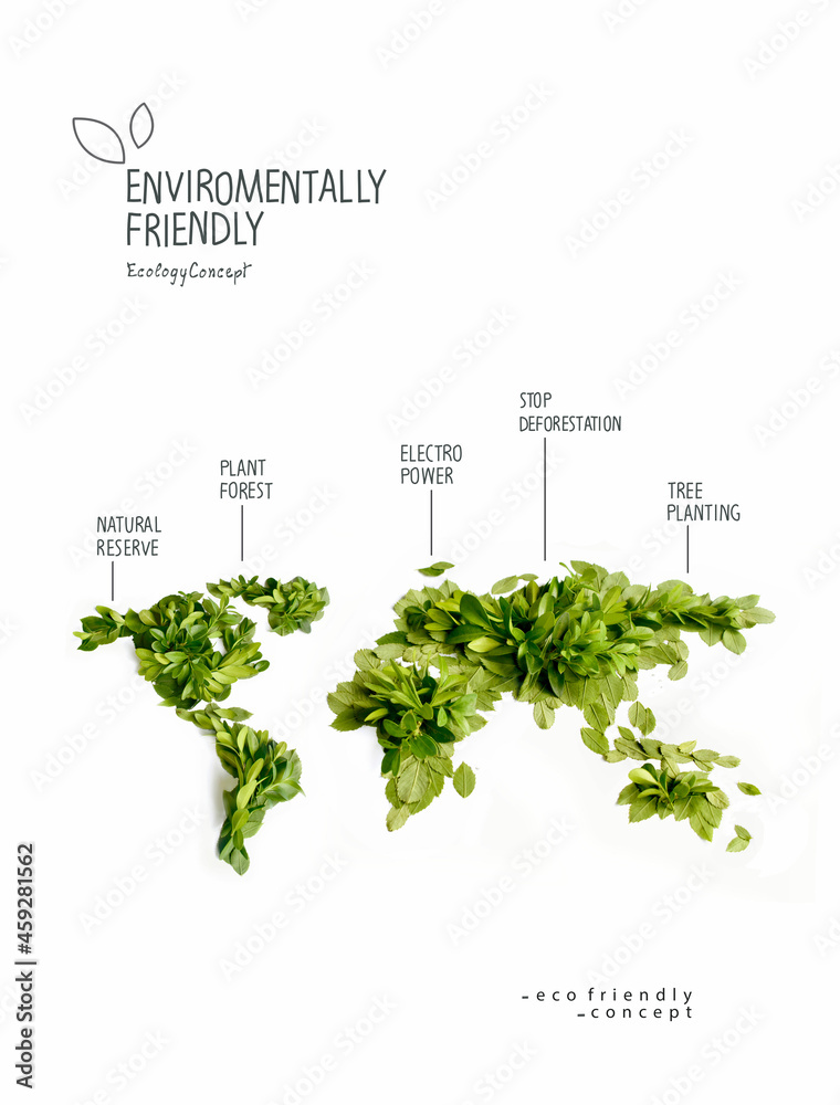 Environmentally friendly planet. The map of the world made from green ...