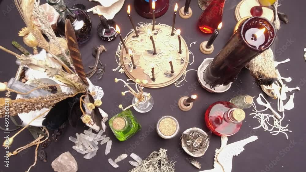 Witchcraft table set, selective focus. Alchemy and esoteric symbol ...