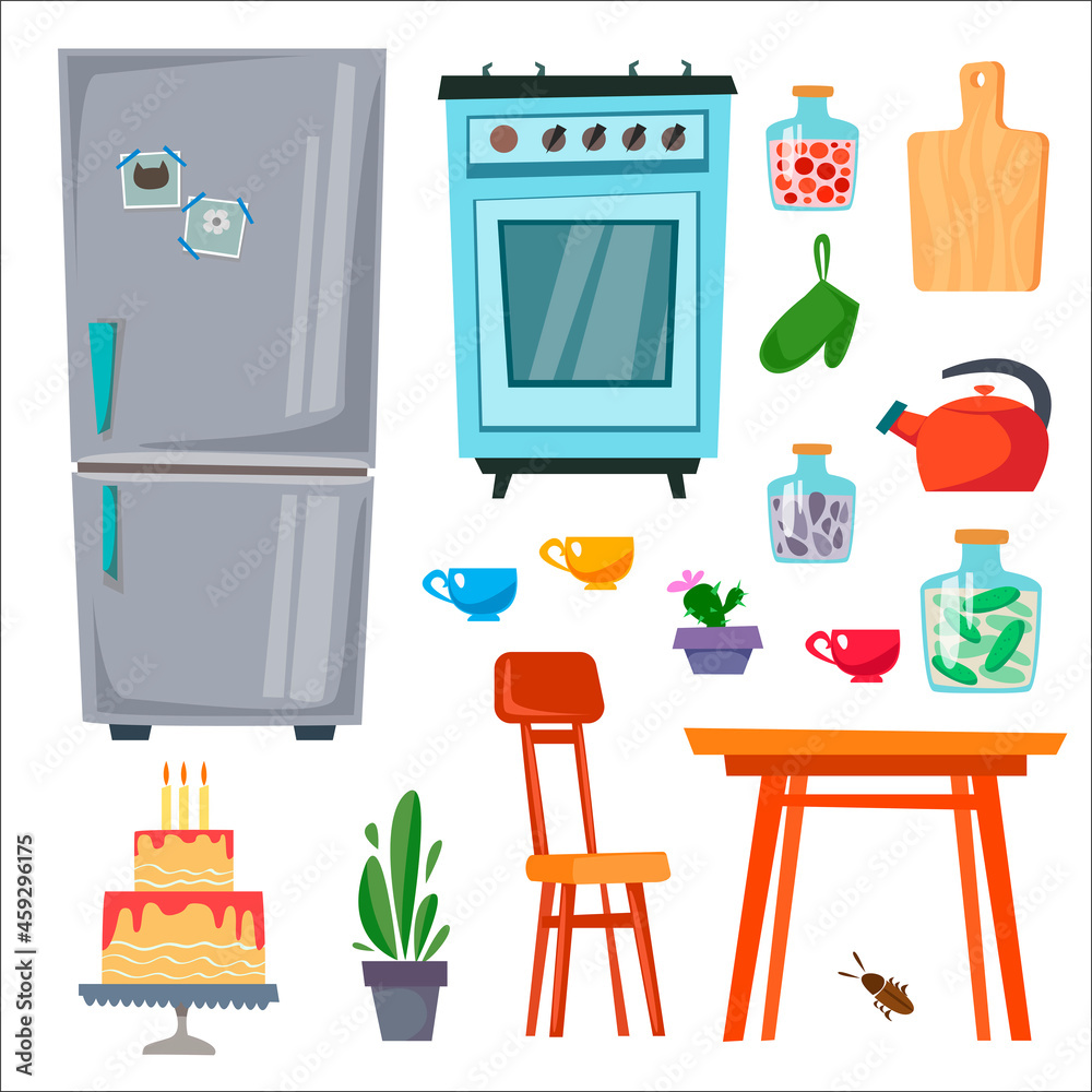 Cartoon set of colorful kitchen furniture and decor. Vector ...