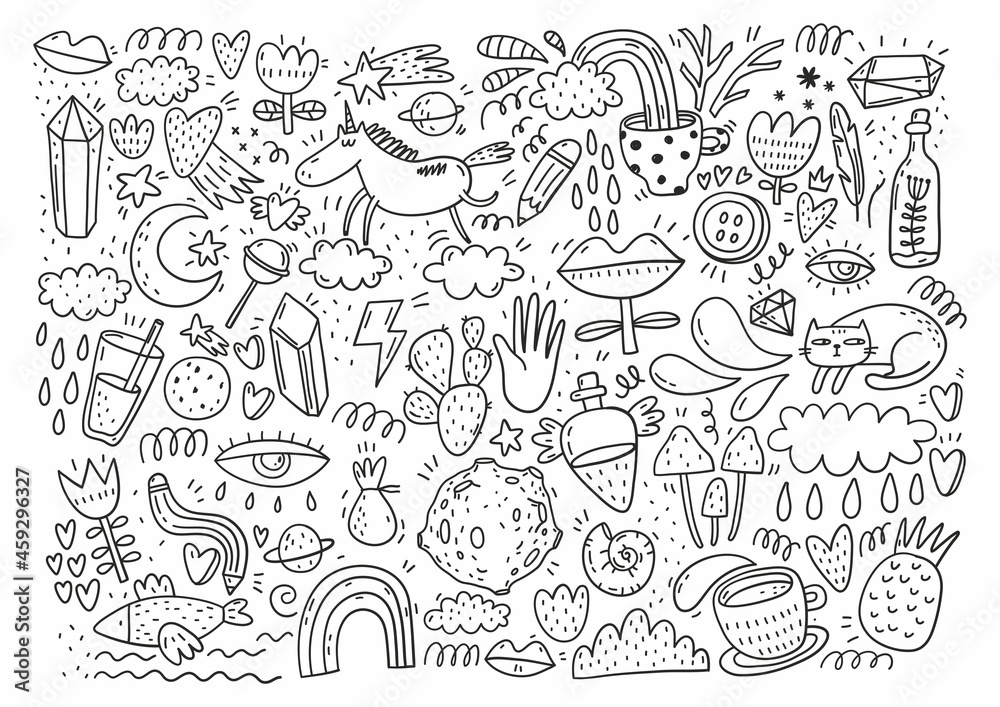 Magical coloring page for kids. Cartoon big coloring poster in doodle ...