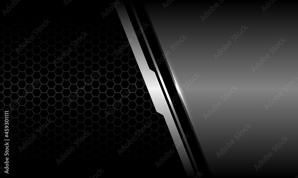 Abstract grey metallic cyber geometric on black hexagon mesh with blank ...