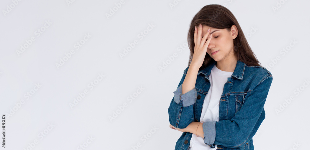 Embarrassed annoyed adult woman hiding face bend head down, facepalm ...