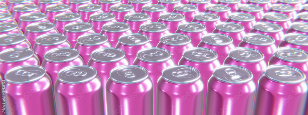 Realistic panoramic 3D illustration of the pink metallic aluminum drink ...
