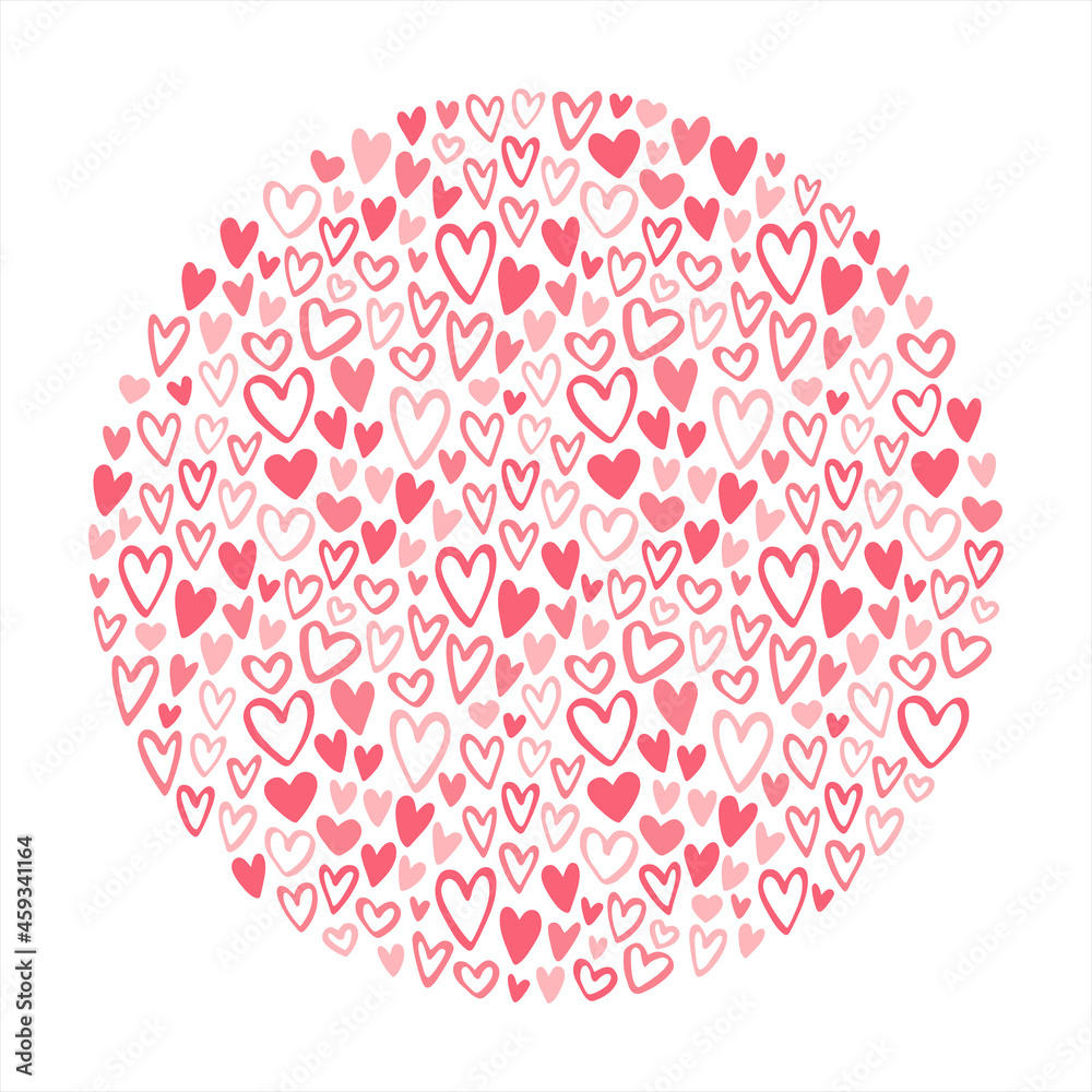 Round, circle shape pattern made of hand drawn cute hearts of various ...