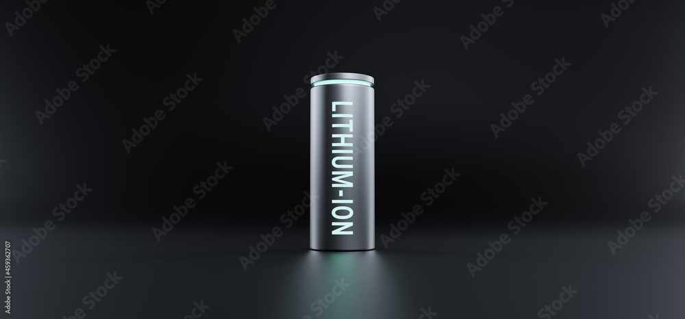 Lithium ion battery with fully charged power level on black background ...
