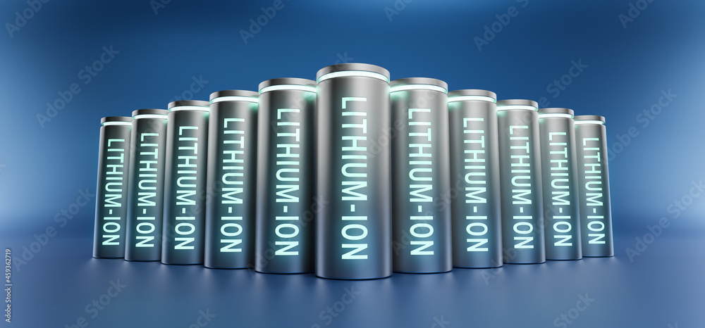 Group of Lithium ion battery with fully charged power level, 3D ...