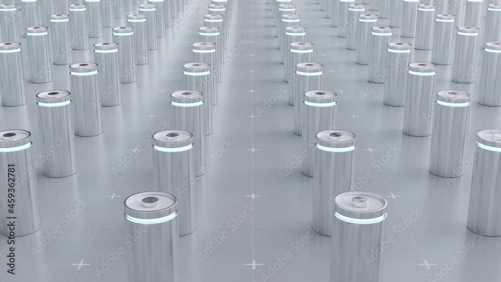 3D rendering lithium ion battery charging in factory, Li-Ion batteries ...