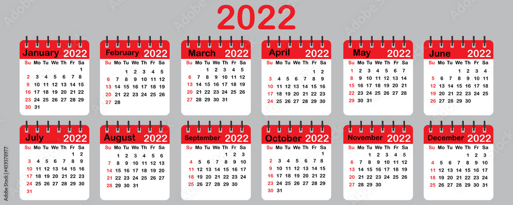 2022 calendar. Red page on spiral. Lilac background. Flat template ...