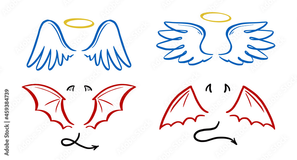 Angel and devil stylized vector illustration. Angel with wing, halo ...