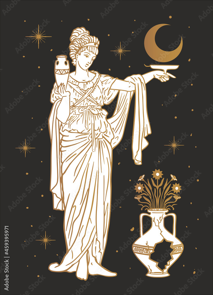 greek goddess with moon, mystical symbol, tarot cards Stock Vector ...