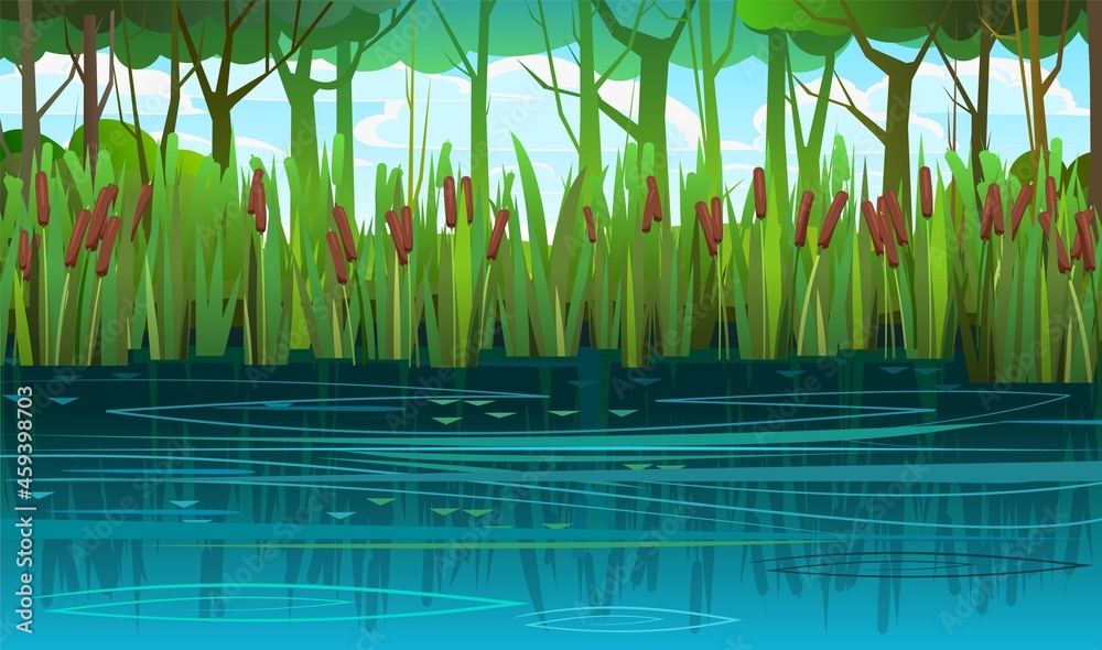 Summer swampy landscape. Flat style. Shore a quiet river or lake. Wild ...