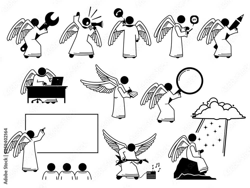 God angel using and holding different kind of objects stick figure ...