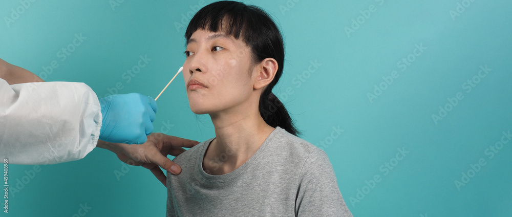 RT PCR test. woman with Covid 19 swab test. Coronavirus test during ...