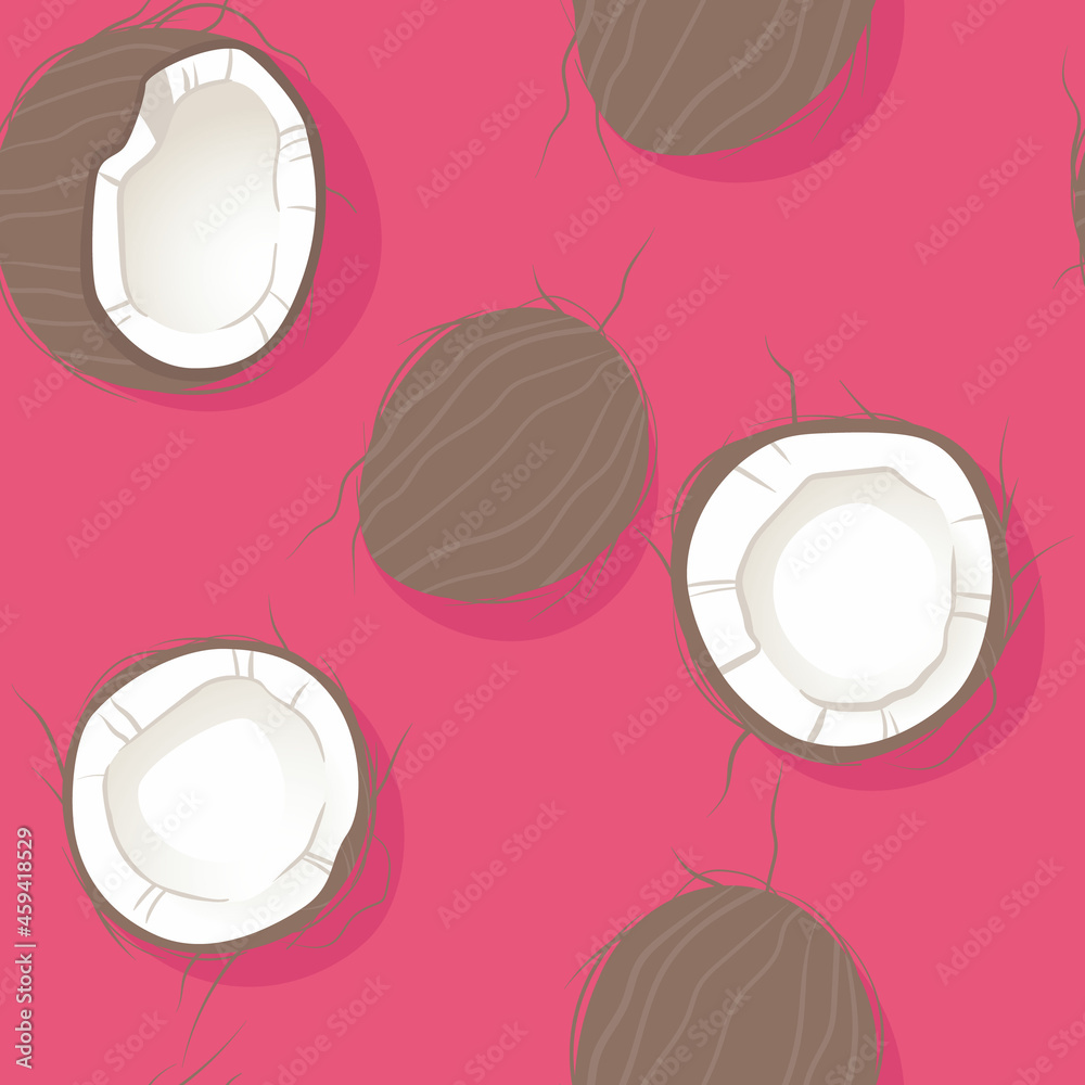 Seamless pattern with coconuts. Half a coconut, whole coconut. Summer ...