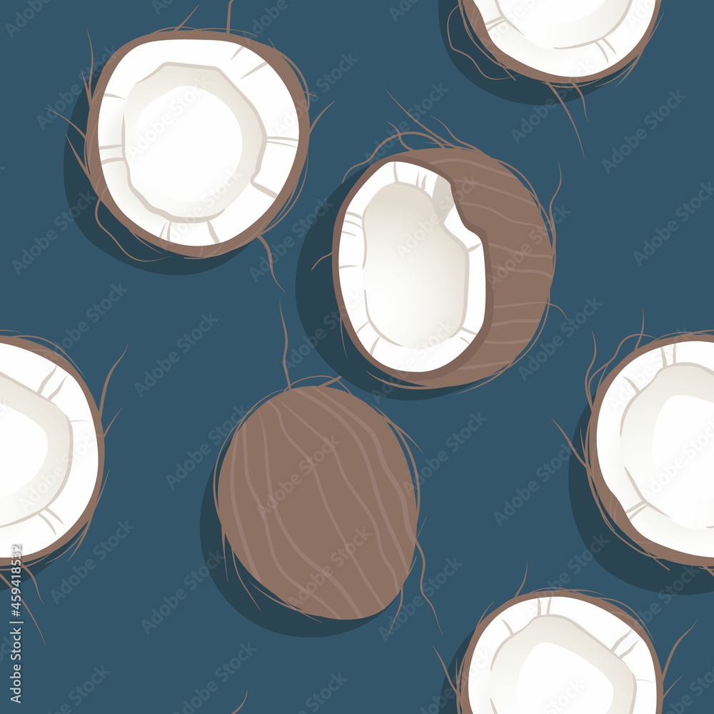 Seamless pattern with coconuts. Half a coconut, whole coconut. Summer ...