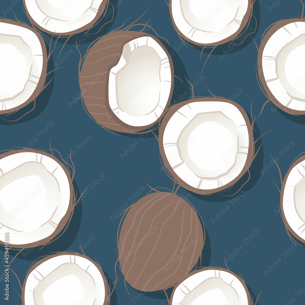 Seamless pattern with coconuts. Half a coconut, whole coconut. Summer ...