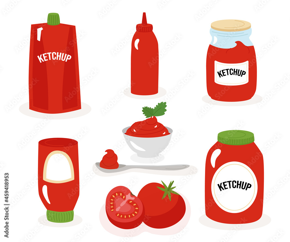 Ketchup different types of packaging, jar, glass, bottle, bag with ...