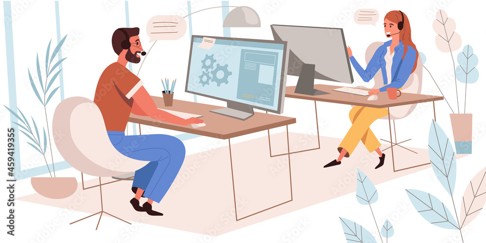 Call center concept in flat design. Operators in headsets working on ...