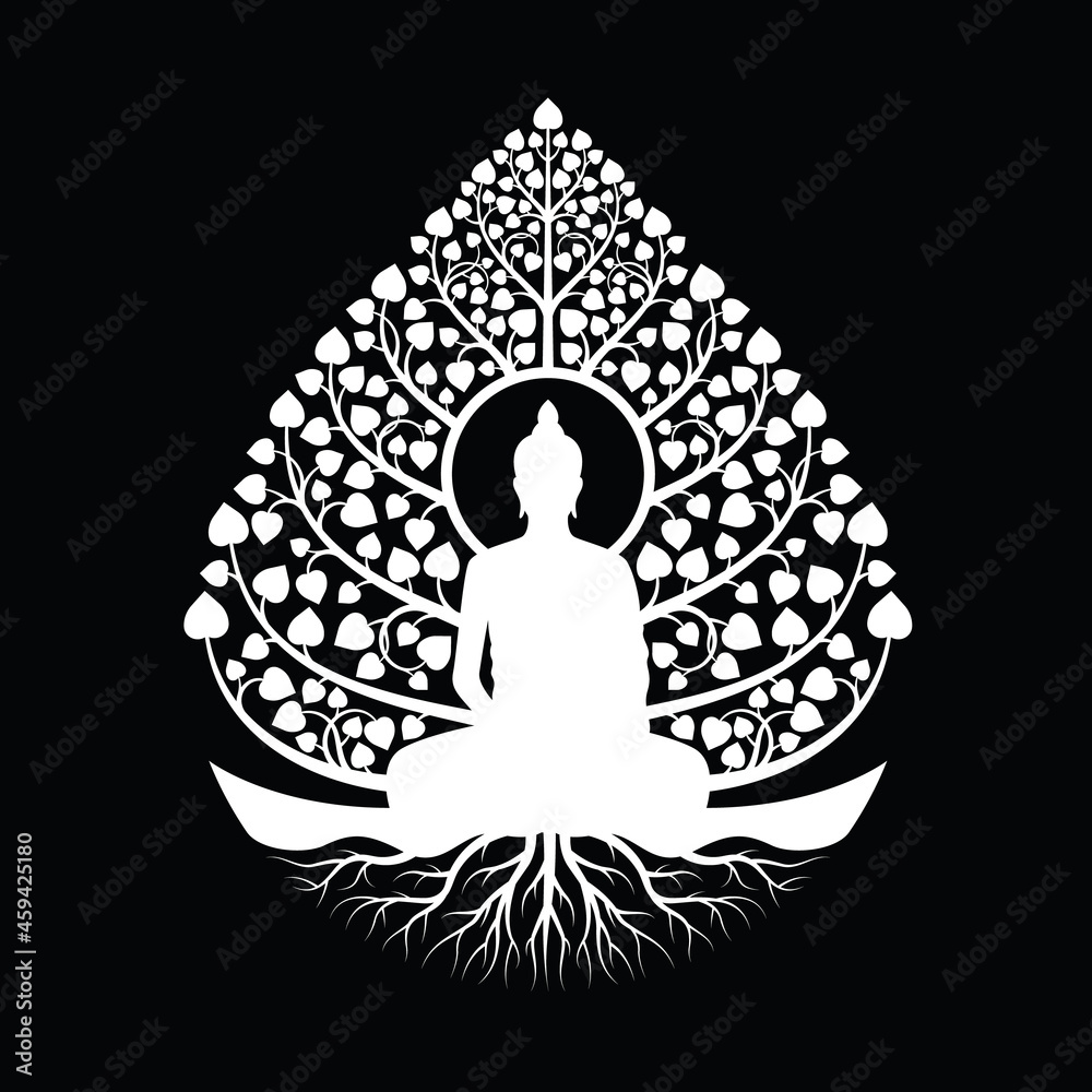 white Buddha Meditation under bodhi tree with leafs and root sign ...