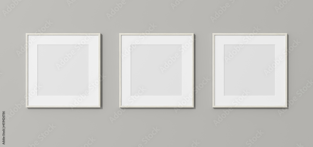 Square wooden frames with passe partout on white wall. 3D render wooden frame mock up in the ...
