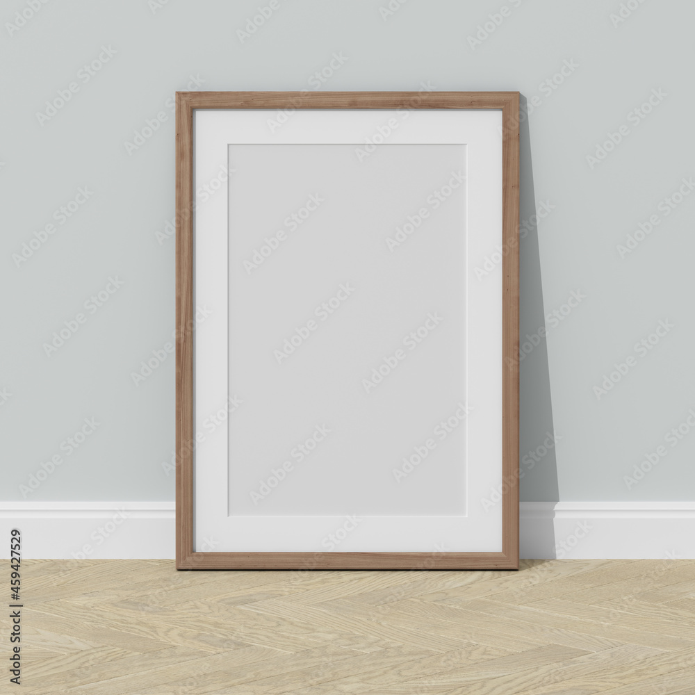 One wooden frames on wooden floor with a white wall. Empty interior. 3D render vertical wooden ...