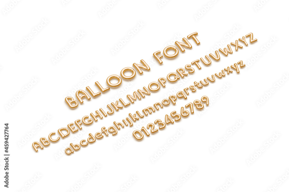 Inflated gold foil balloon font with alphabet and numbers, isolated ...