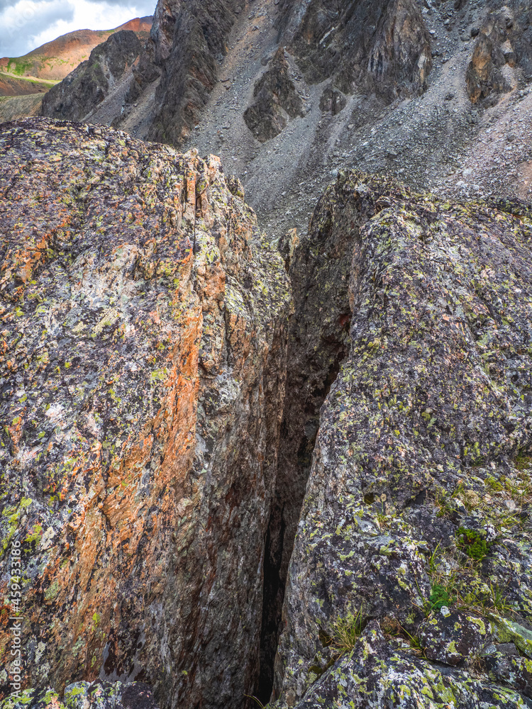Dangerous fault in the granite rock. Fault line or fracture in the rock ...