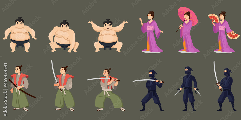 Characters of japanese culture. Different persons in cartoon style ...