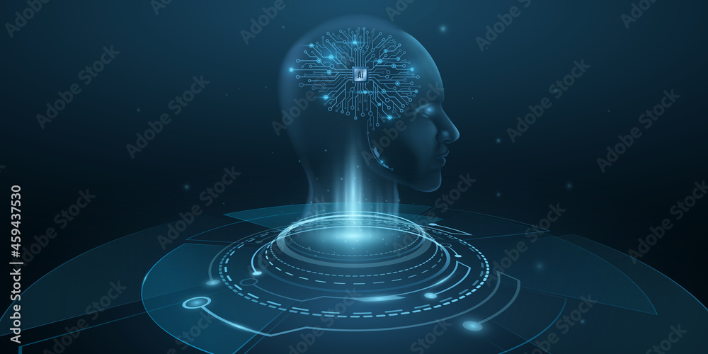 Digital holographic face of a cyborg man with artificial intelligence ...
